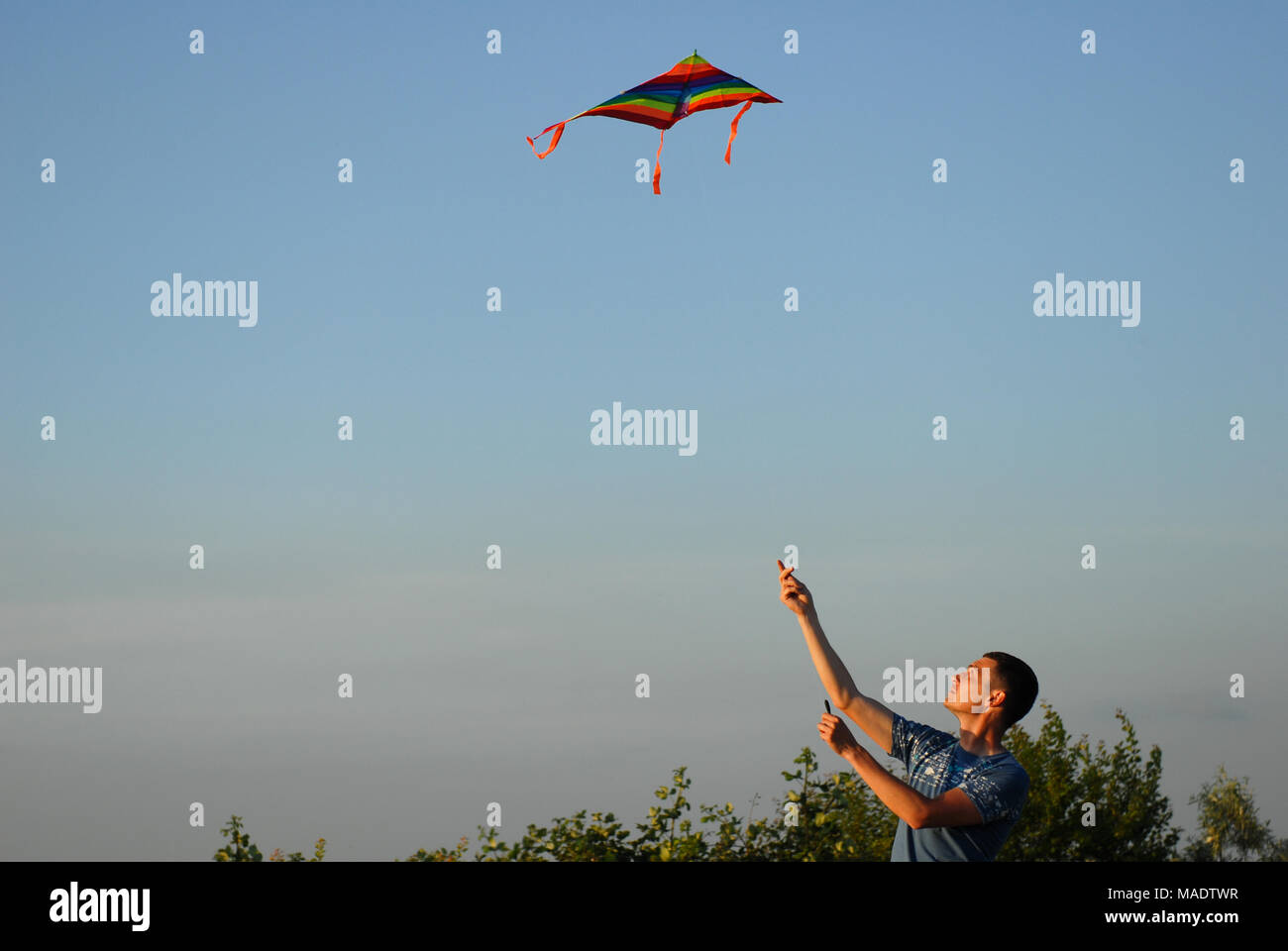 active young man controlling colorful kite flying in air at summer ...