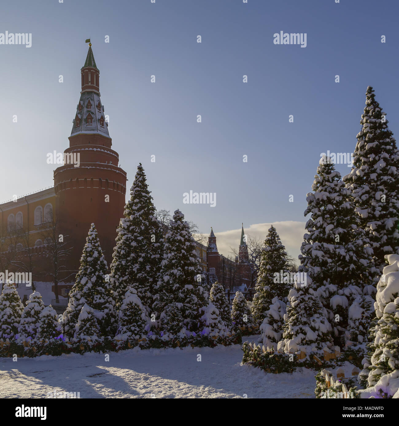 MOSCOW, RUSSIA, FEBRUARY 01, 2018: The gaily decorated snow capped ...