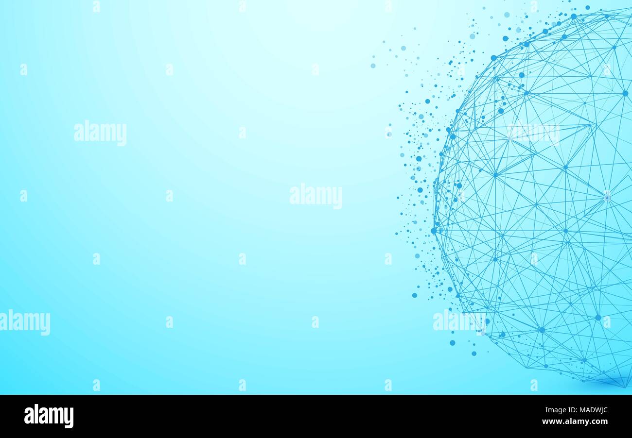 Global network wireframe and lines and triangles, point connecting network on blue background ...