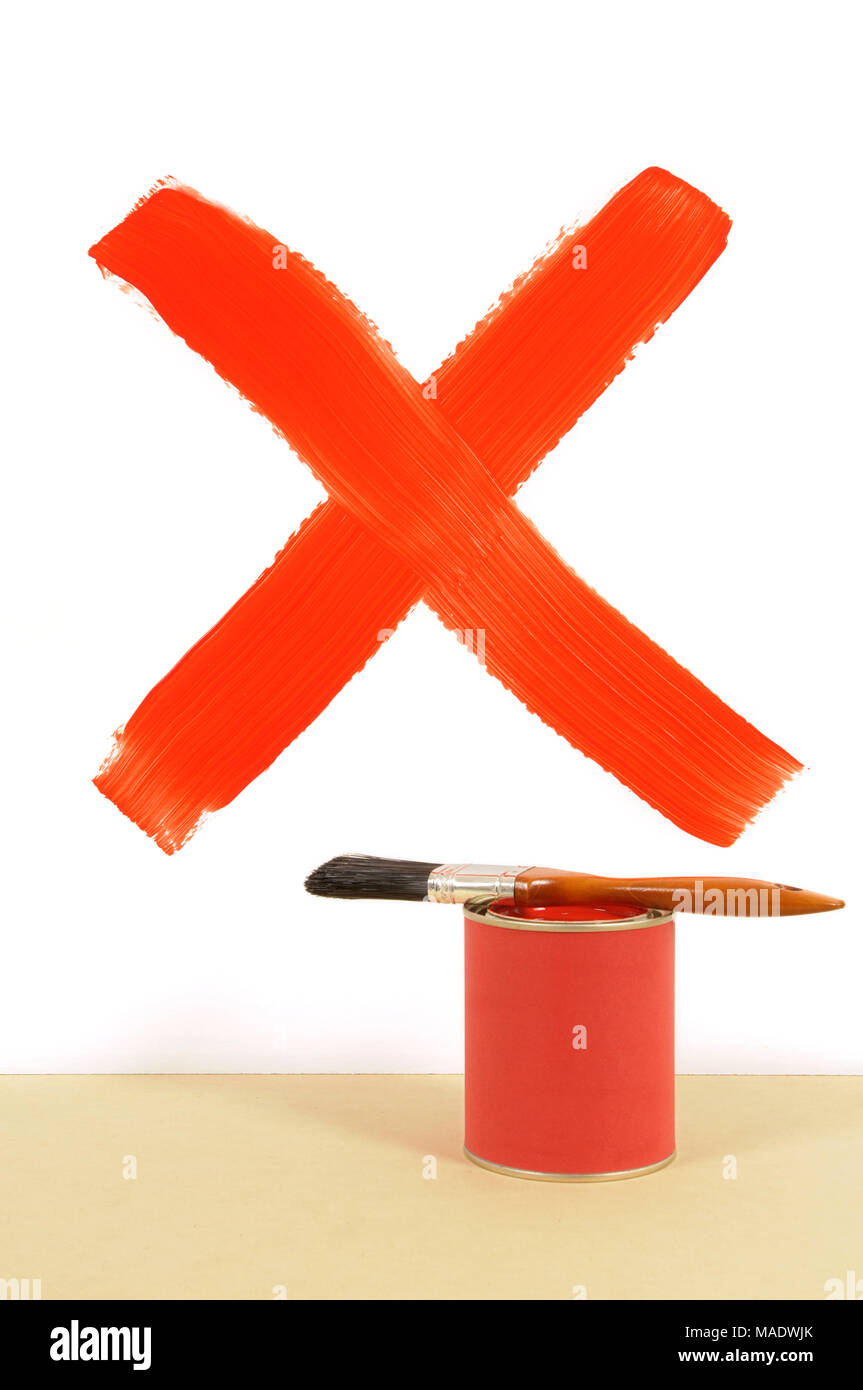 Red cross or letter X painted on a white wall with paint can and ...