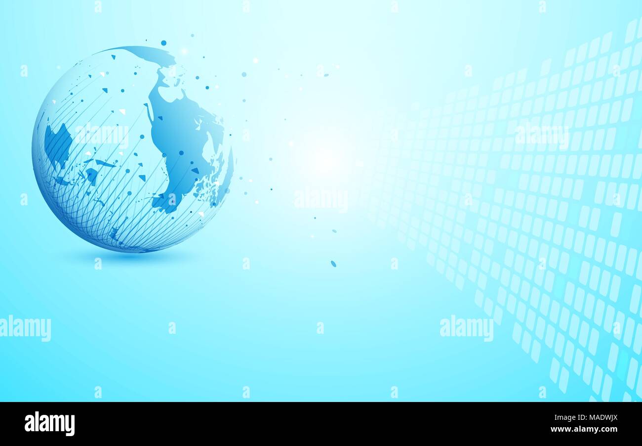 Global network with World map point and lines and triangles, point connecting network on blue ...