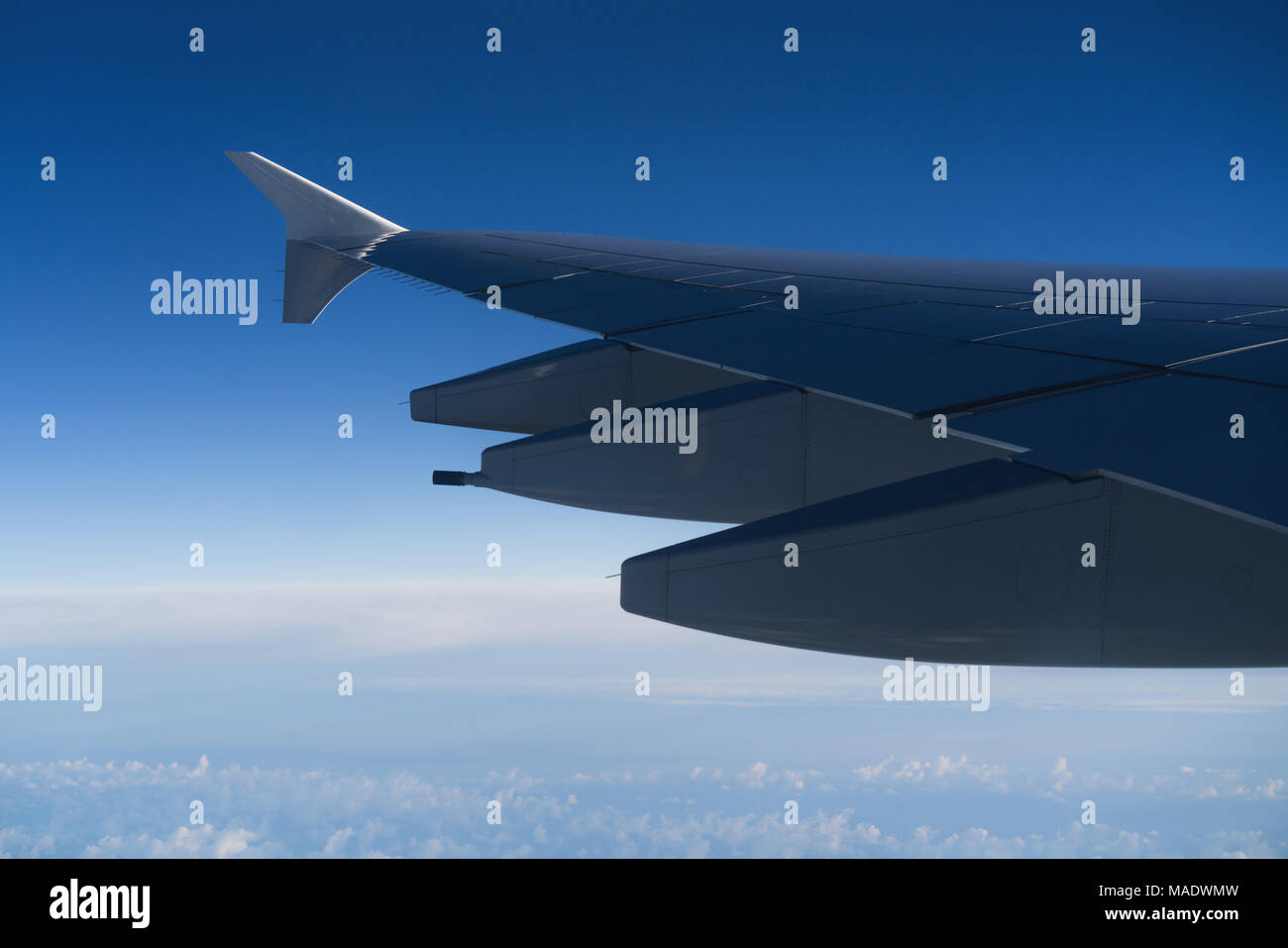 airplane wing during flight in midday, travel photo Stock Photo - Alamy