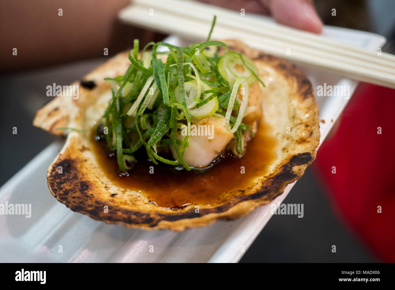 Freshly cooked scallop with shell and green onions at the famous ...