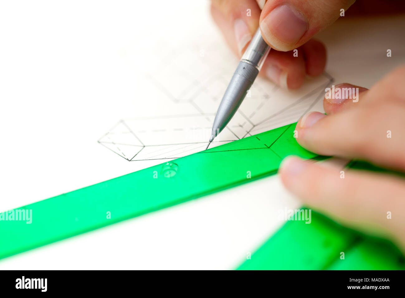 close up of technical drawing exercise done the traditional way with ...