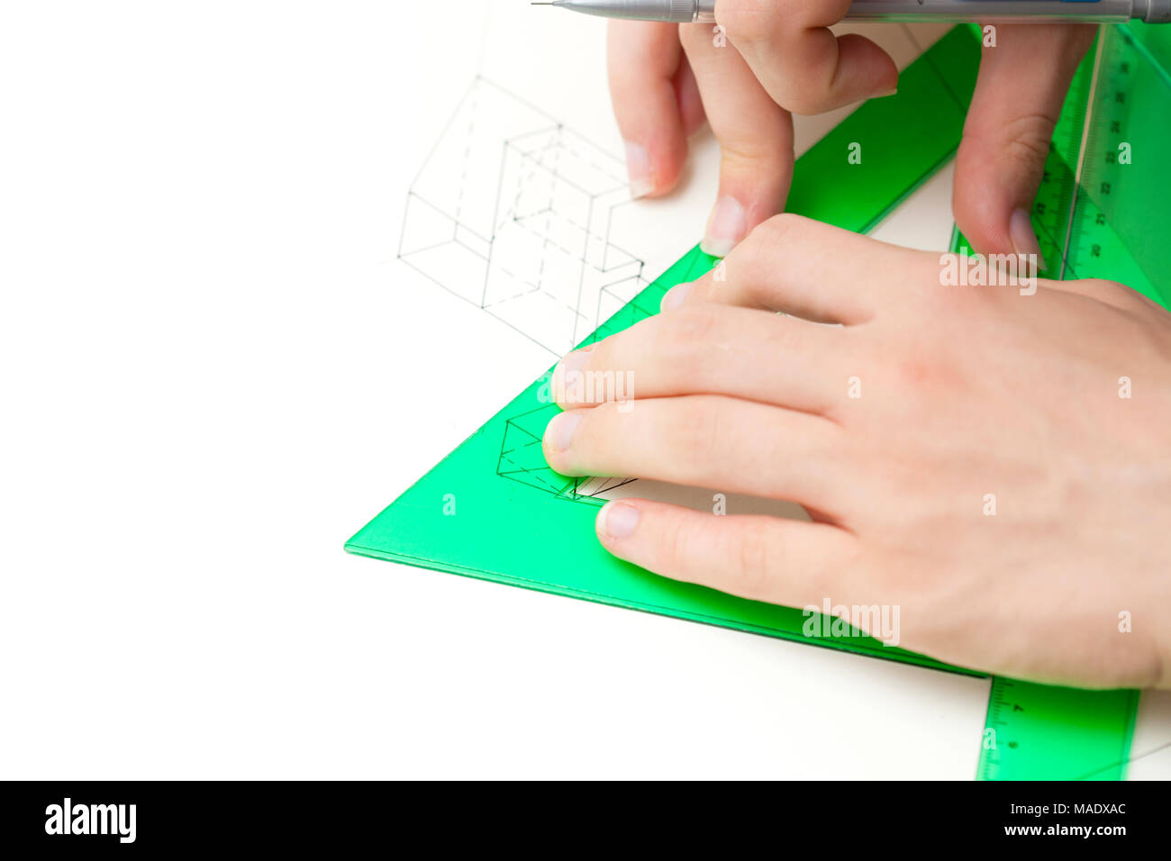 close up of technical drawing exercise done the traditional way with ...