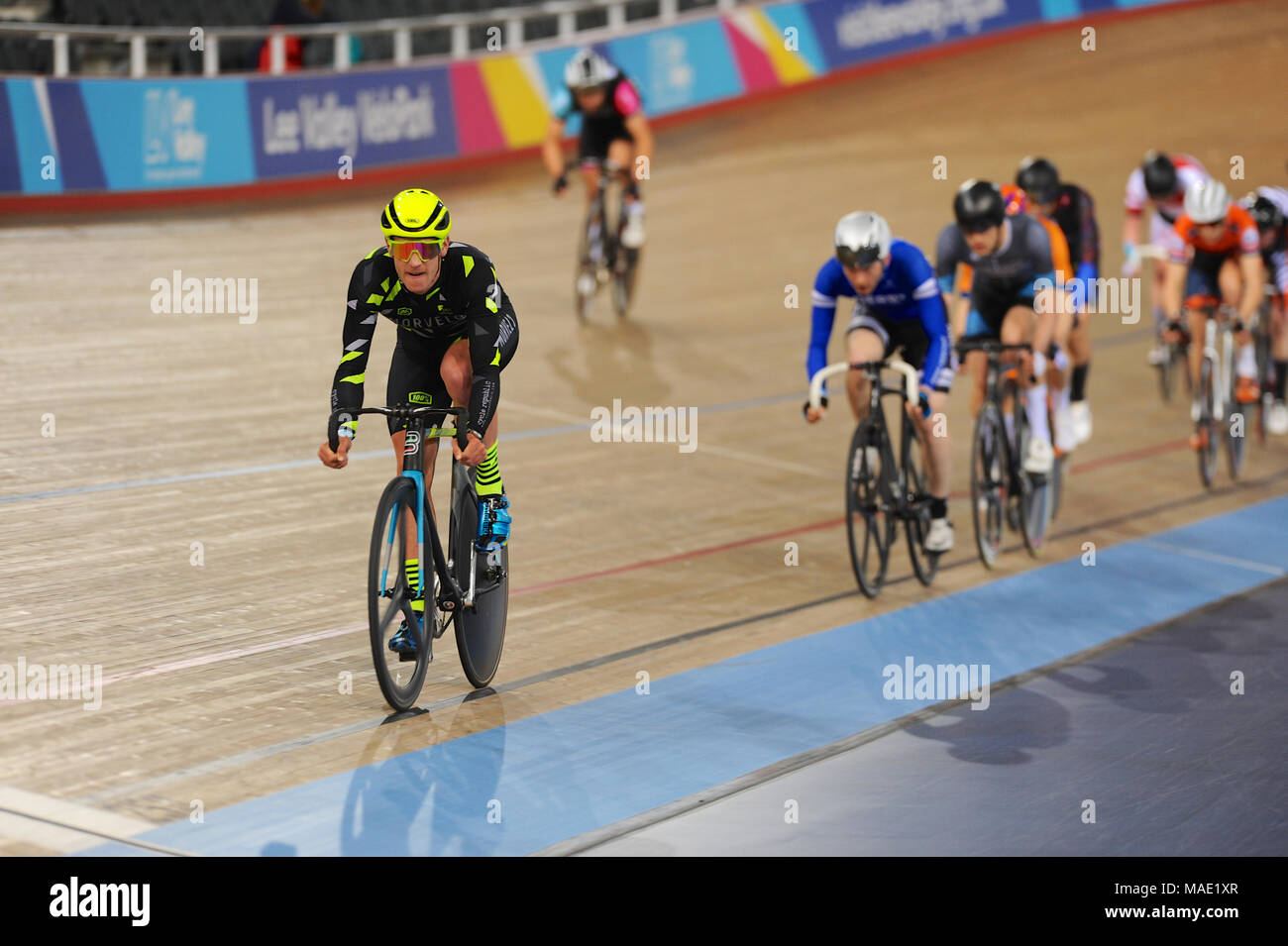London, UK, 31 Mar 2018. Michael Mottram (Morvélo Basso RT) leading a ...