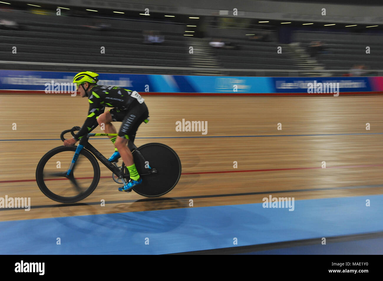 London, UK, 31 Mar 2018. Michael Mottram (Morvélo Basso RT) racing ...