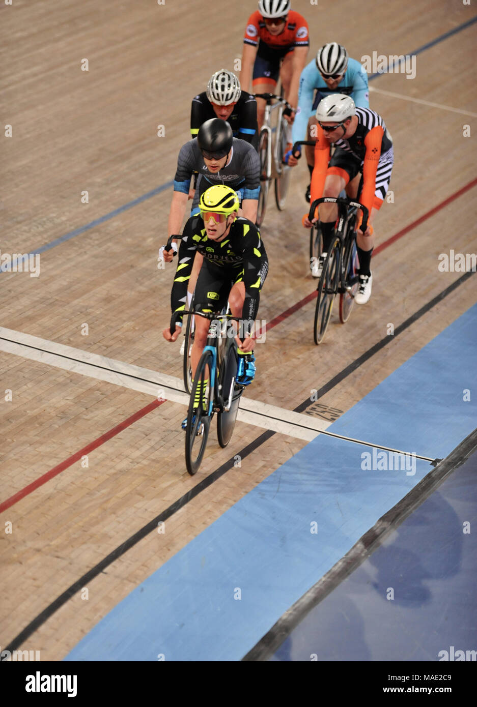 London, UK, 31 Mar 2018. Michael Mottram (Morvélo Basso RT) leading a ...
