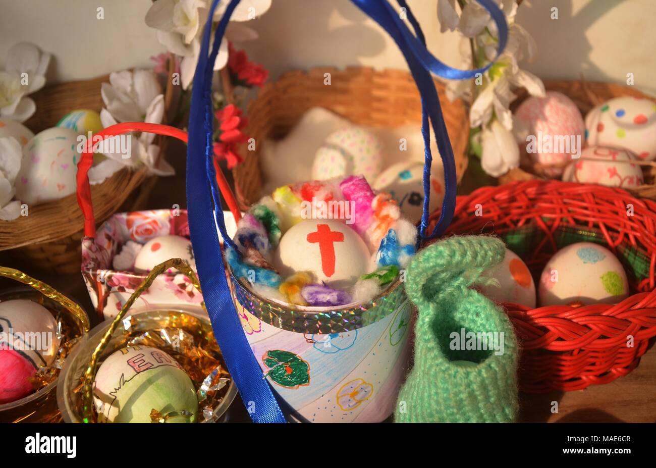 Dimapur, India 1st April 2018: Decorative painted Easter Eggs are seen ...