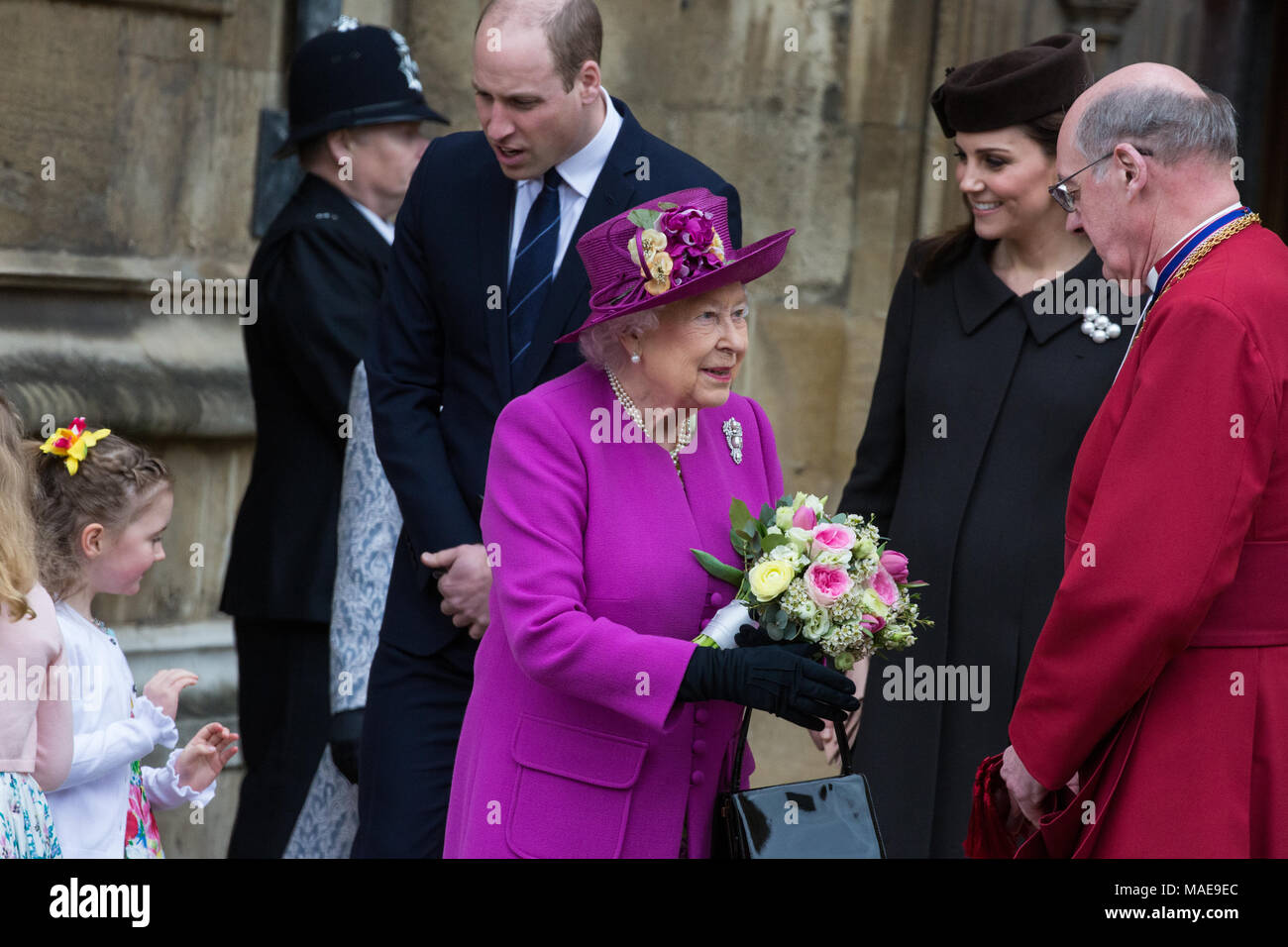 Windsor, UK. 1st April, 2018. The Queen greets the Dean of Windsor, the ...
