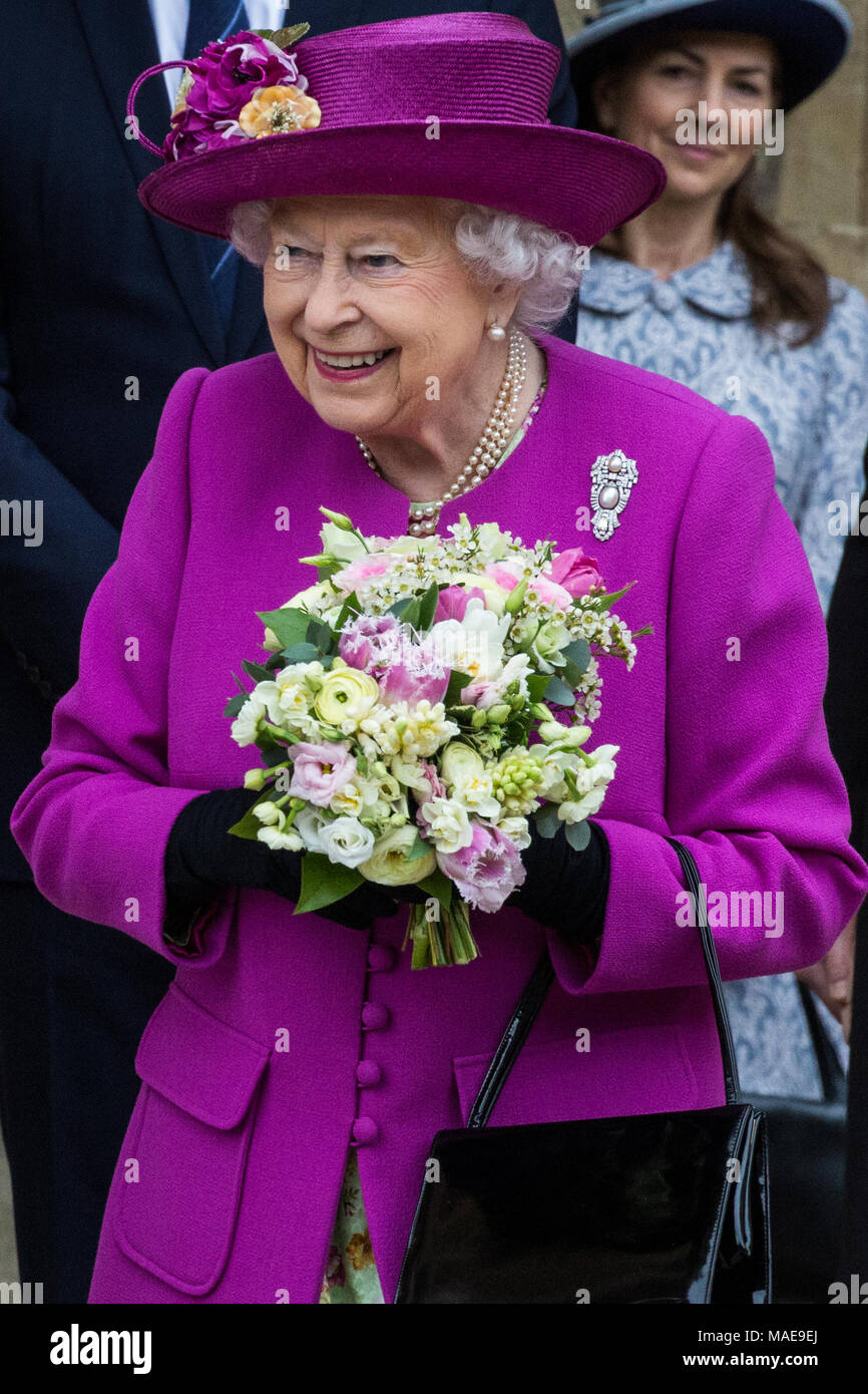 Windsor, UK. 1st April, 2018. The Queen leaves the Easter Sunday ...