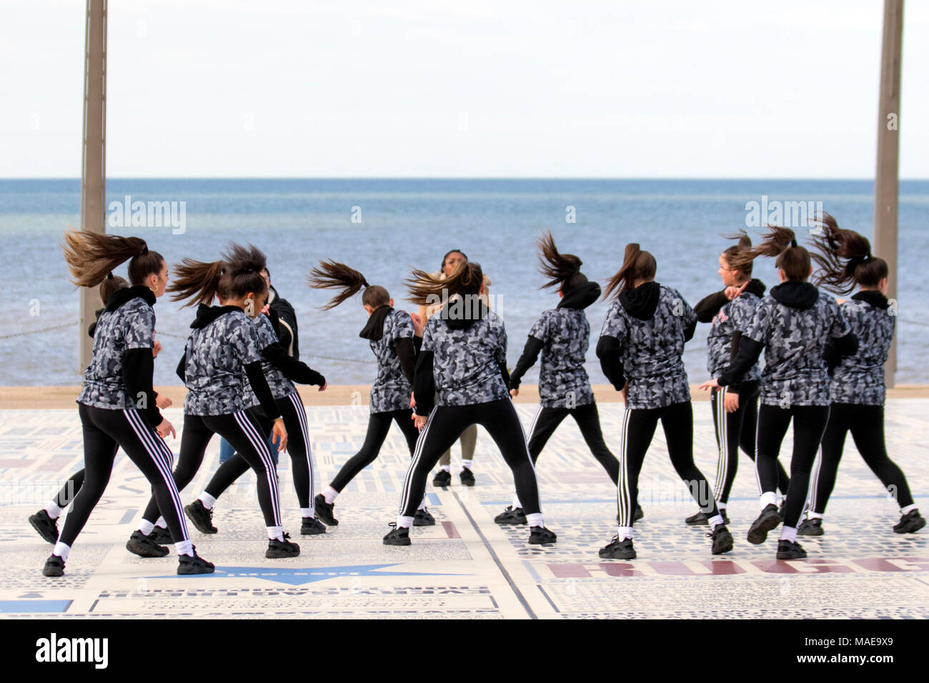 A troupe of young female dancers, all dressed in matching black and ...