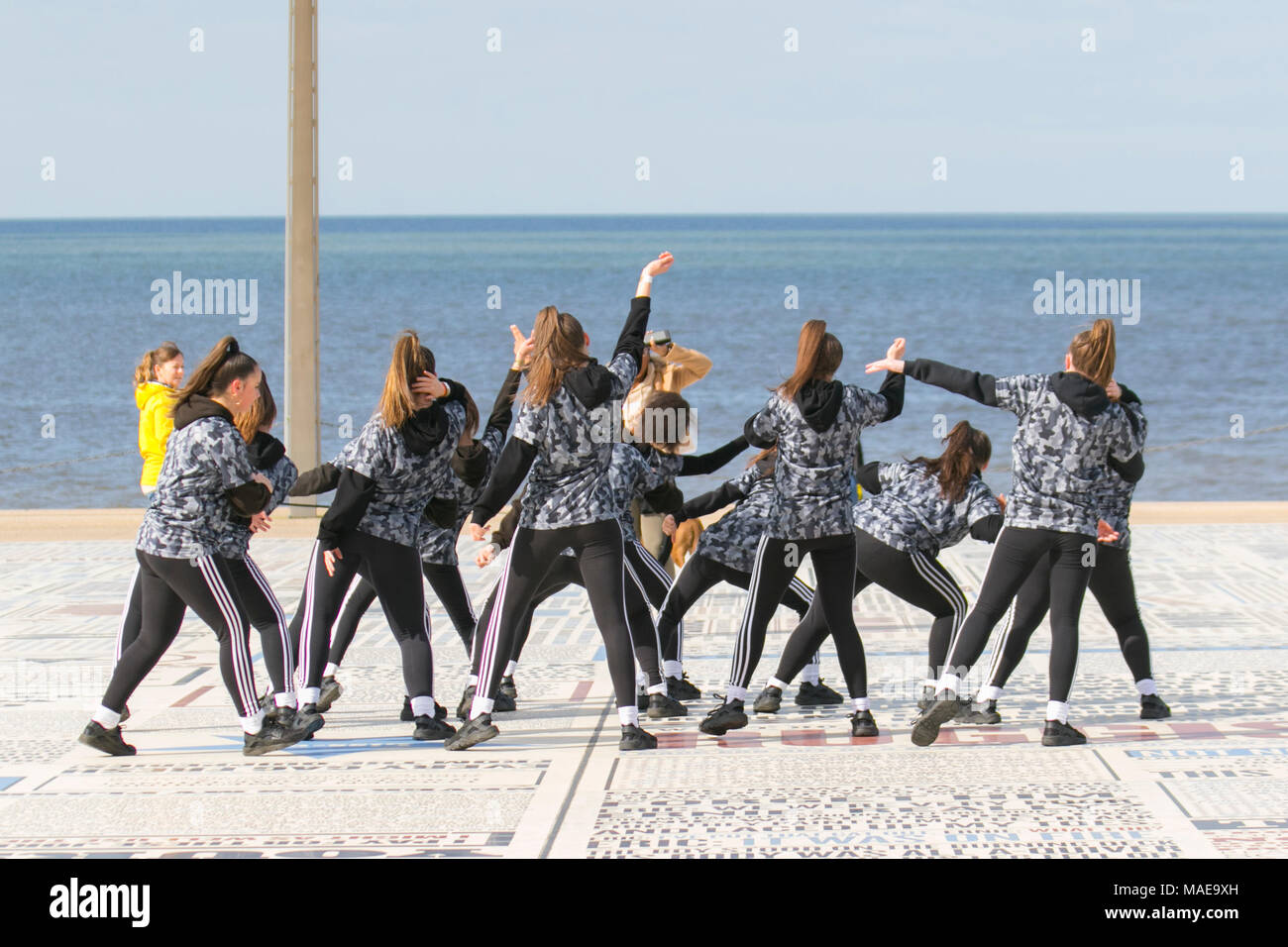 A troupe of young female dancers, all dressed in matching black and ...