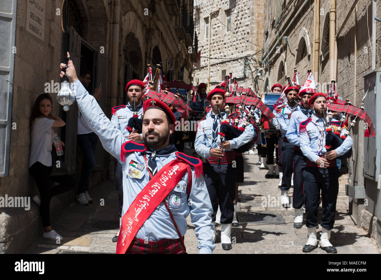 Jerusalem, Israel. 1st April, 2018. The leader of the bagpies band of ...