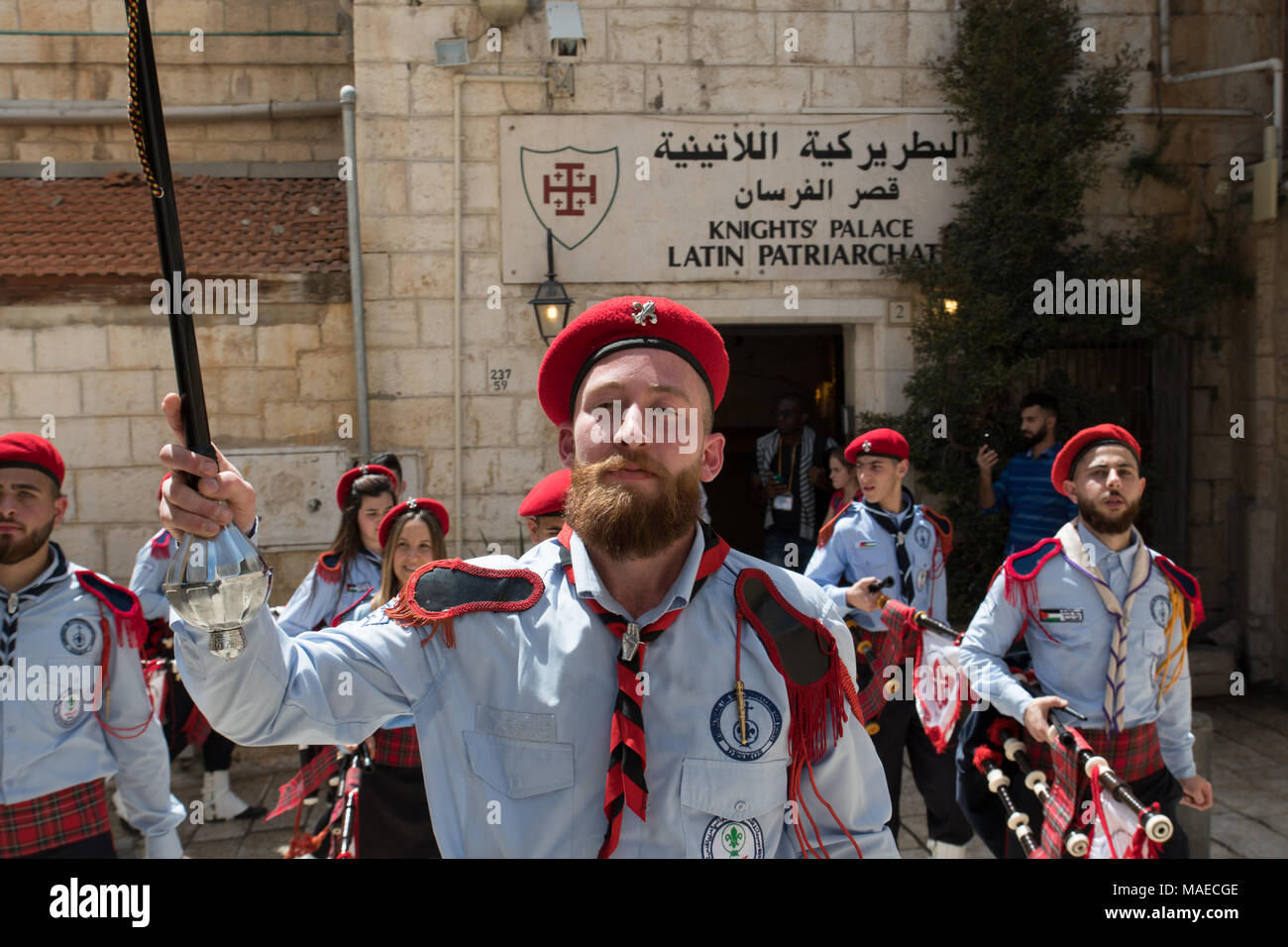 Jerusalem, Israel. 1st April, 2018. The leader of the bagpies band of ...