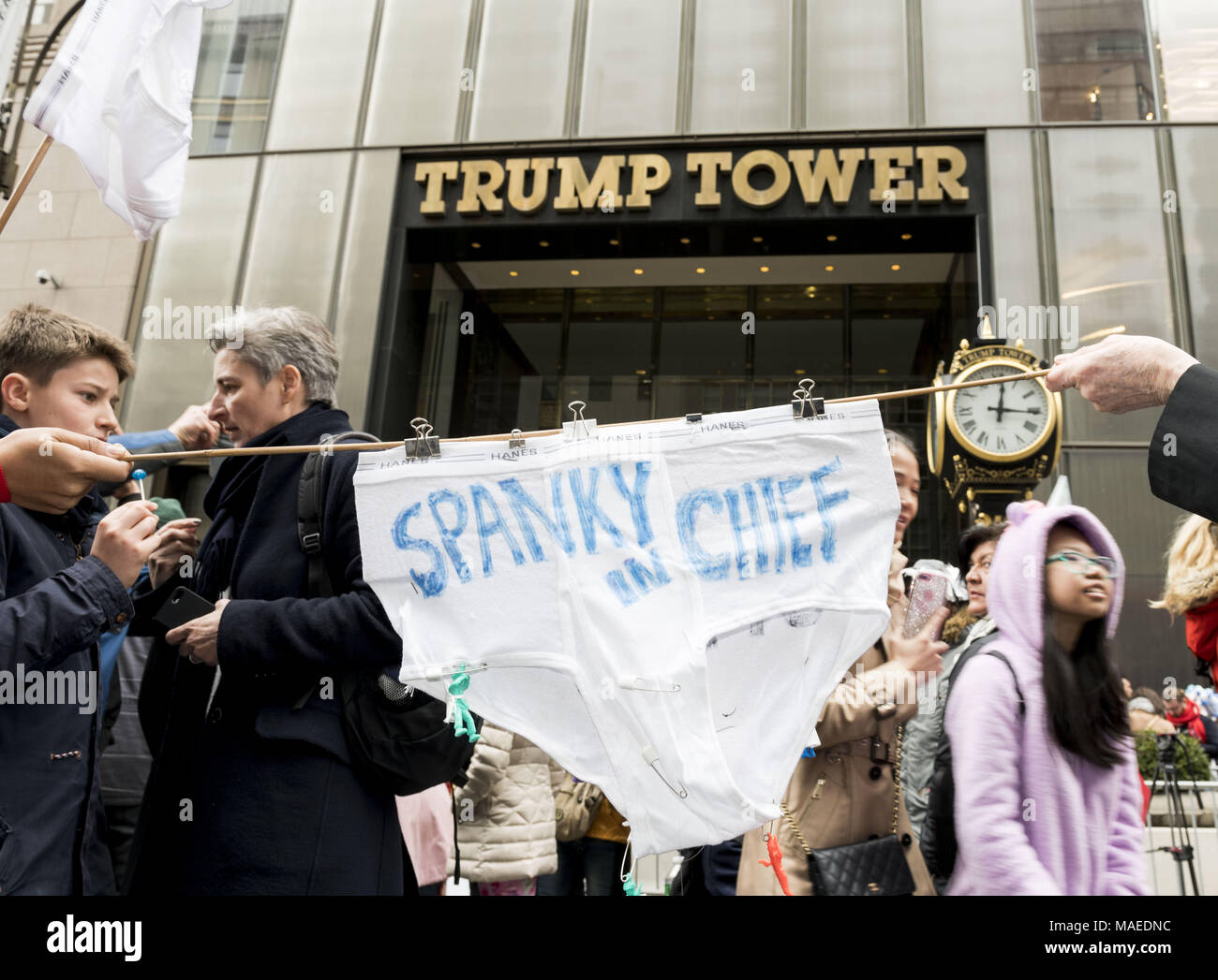 New York, NY, USA. 1st Apr, 2018. ''Spanky in Chief'' sign at ''Trump's ...