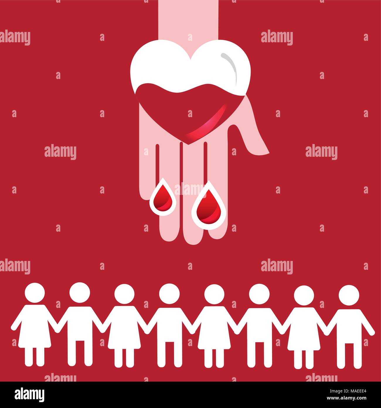 hand with heart drops blood people together vector illustration Stock ...