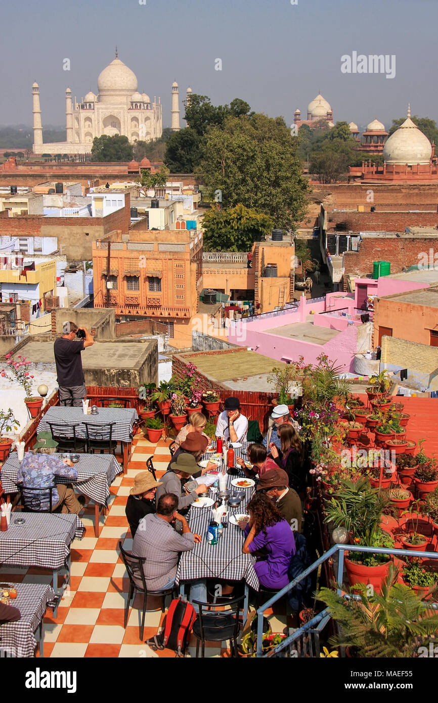 View of Taj Mahal from the rooftop restaurant in Taj Ganj neighborhood ...
