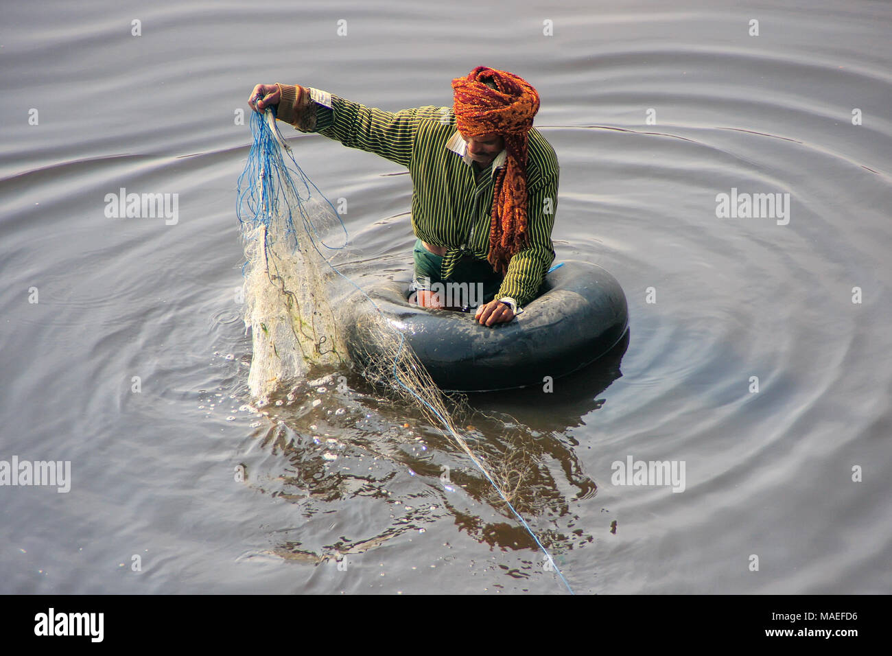 Local man fishing with a net in Yamuna River in Agra, Uttar Pradesh ...