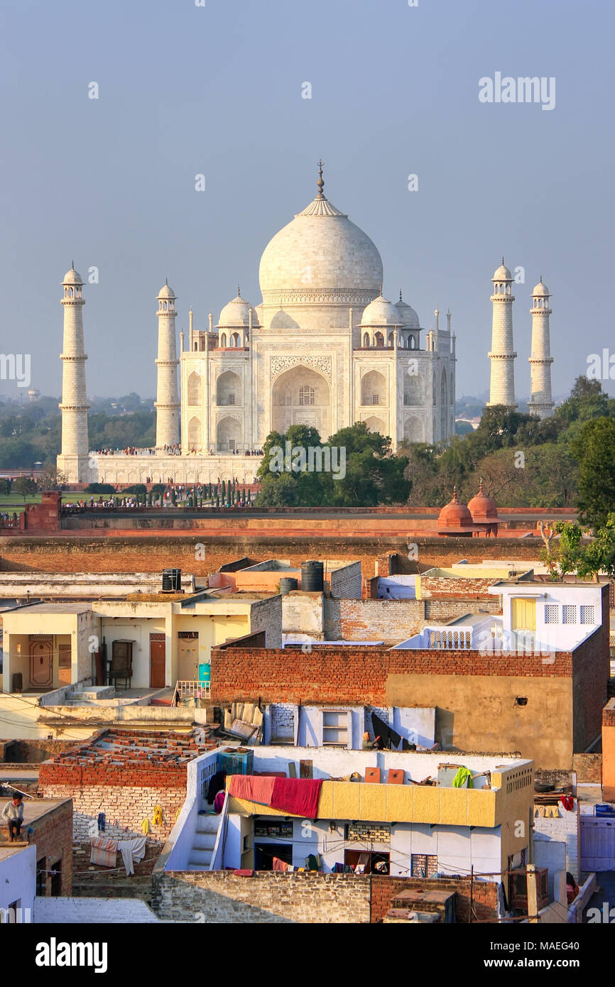 Rooftops of Taj Ganj neighborhood and Taj Mahal in Agra, India. Taj ...