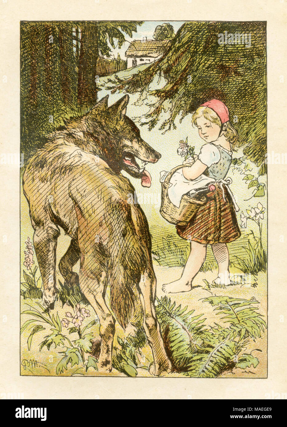 Little Red Riding Hood and the wolf. The wolf persuades the girl to move away from the path ...