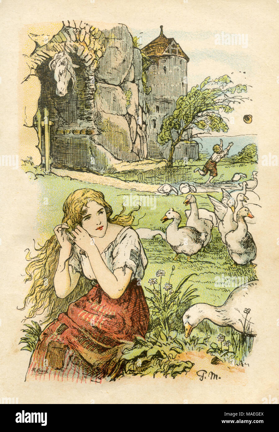 Goose Girl. Girl with geese and the horse's head Falada in the ...