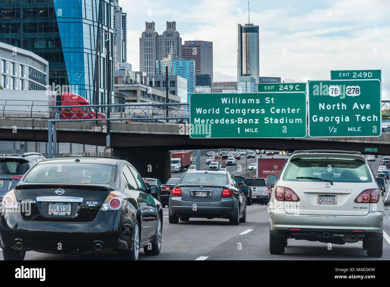 Morning commuters in heavy traffic on the I-75/85 Downtown Connector in ...