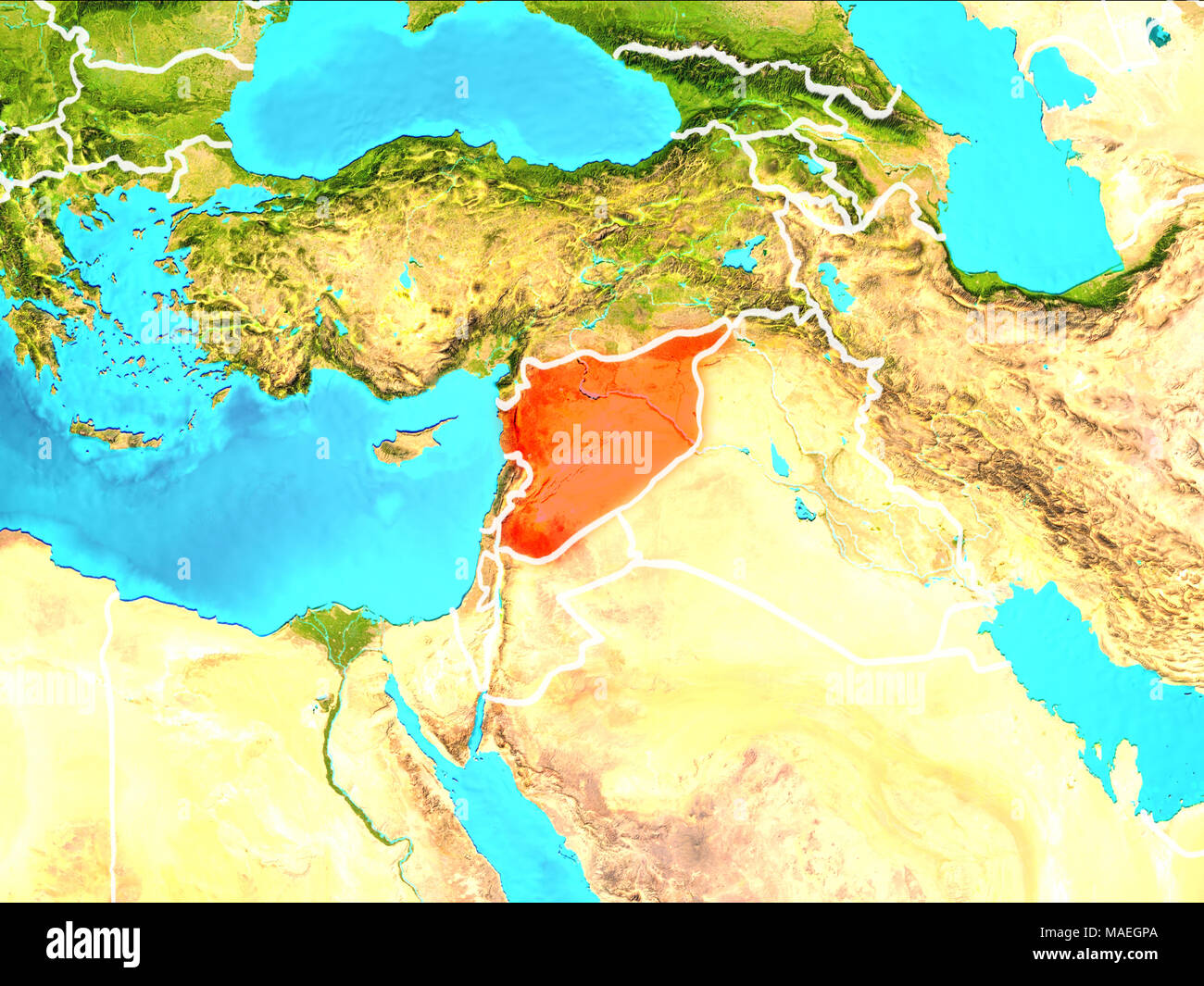 Syria highlighted in red from Earth’s orbit. 3D illustration. Elements ...