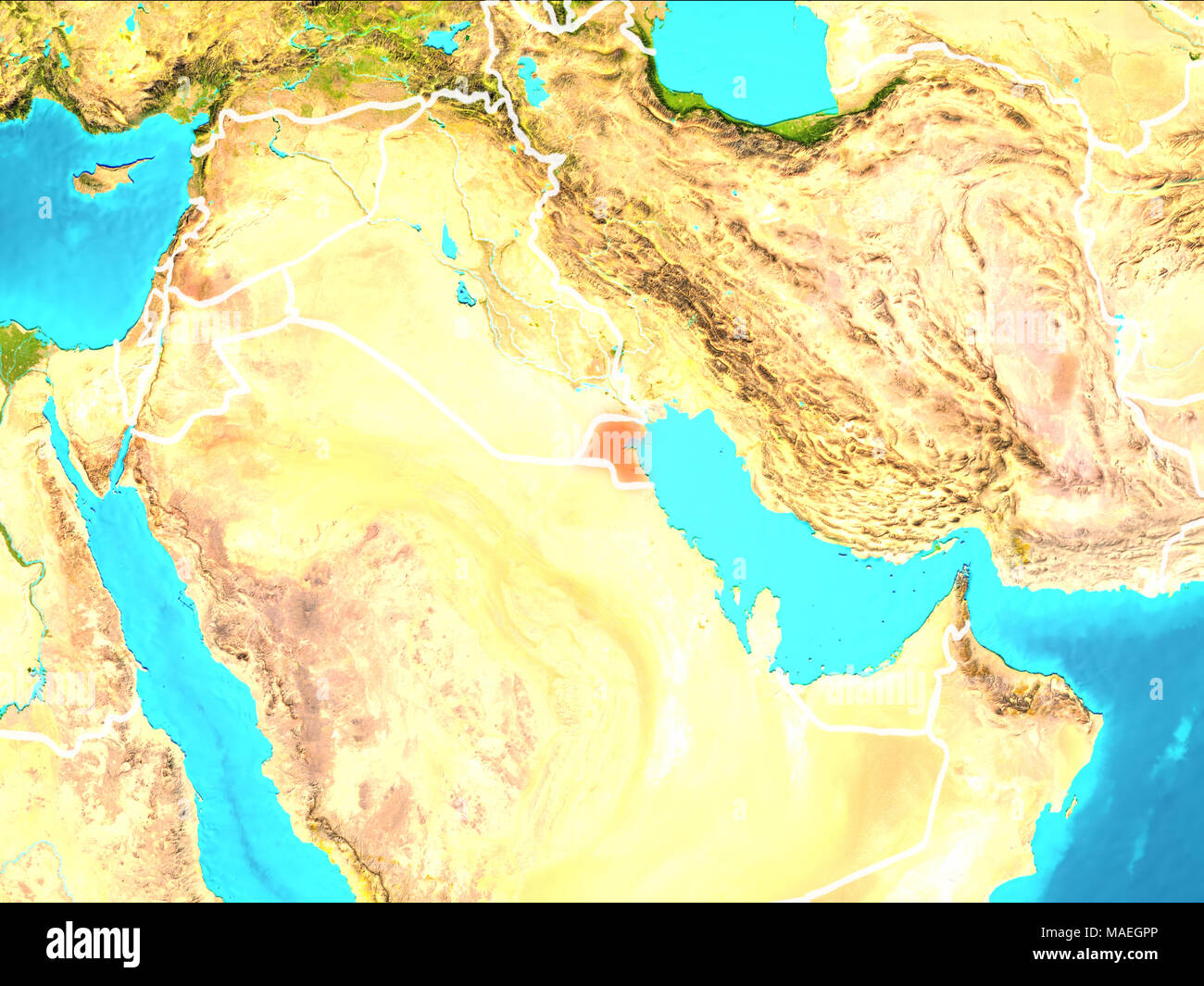 Kuwait highlighted in red from Earth’s orbit. 3D illustration. Elements ...