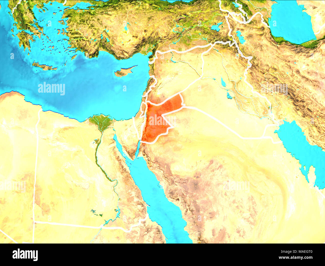 Jordan highlighted in red from Earth’s orbit. 3D illustration. Elements ...