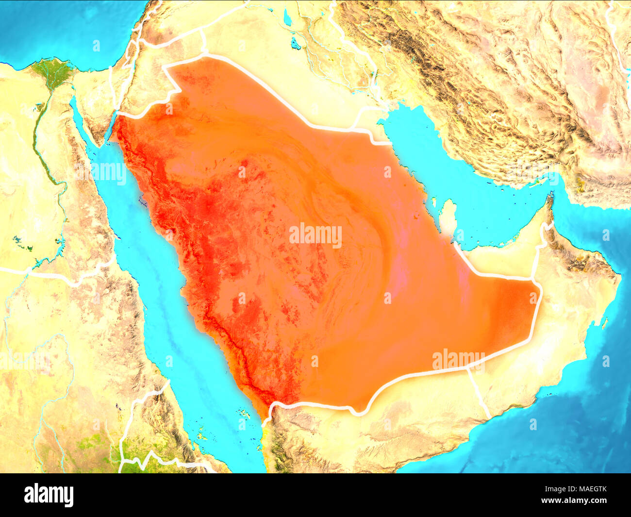 Saudi Arabia highlighted in red from Earth’s orbit. 3D illustration ...