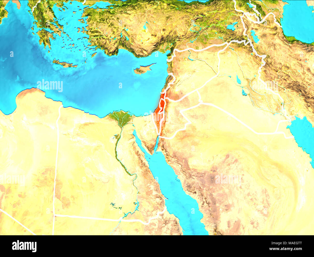 Israel highlighted in red from Earth’s orbit. 3D illustration. Elements ...