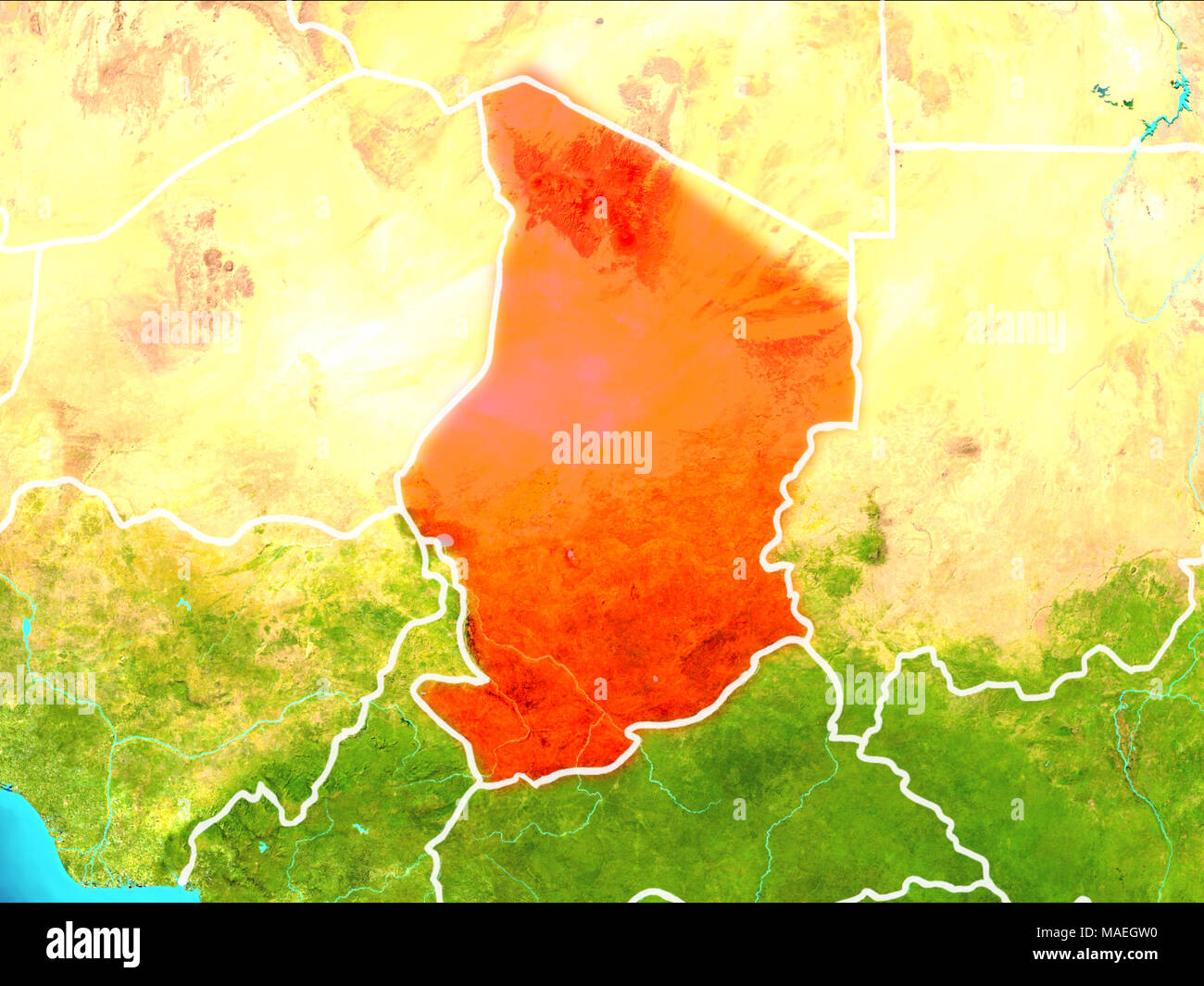 Chad highlighted in red from Earth’s orbit. 3D illustration. Elements ...