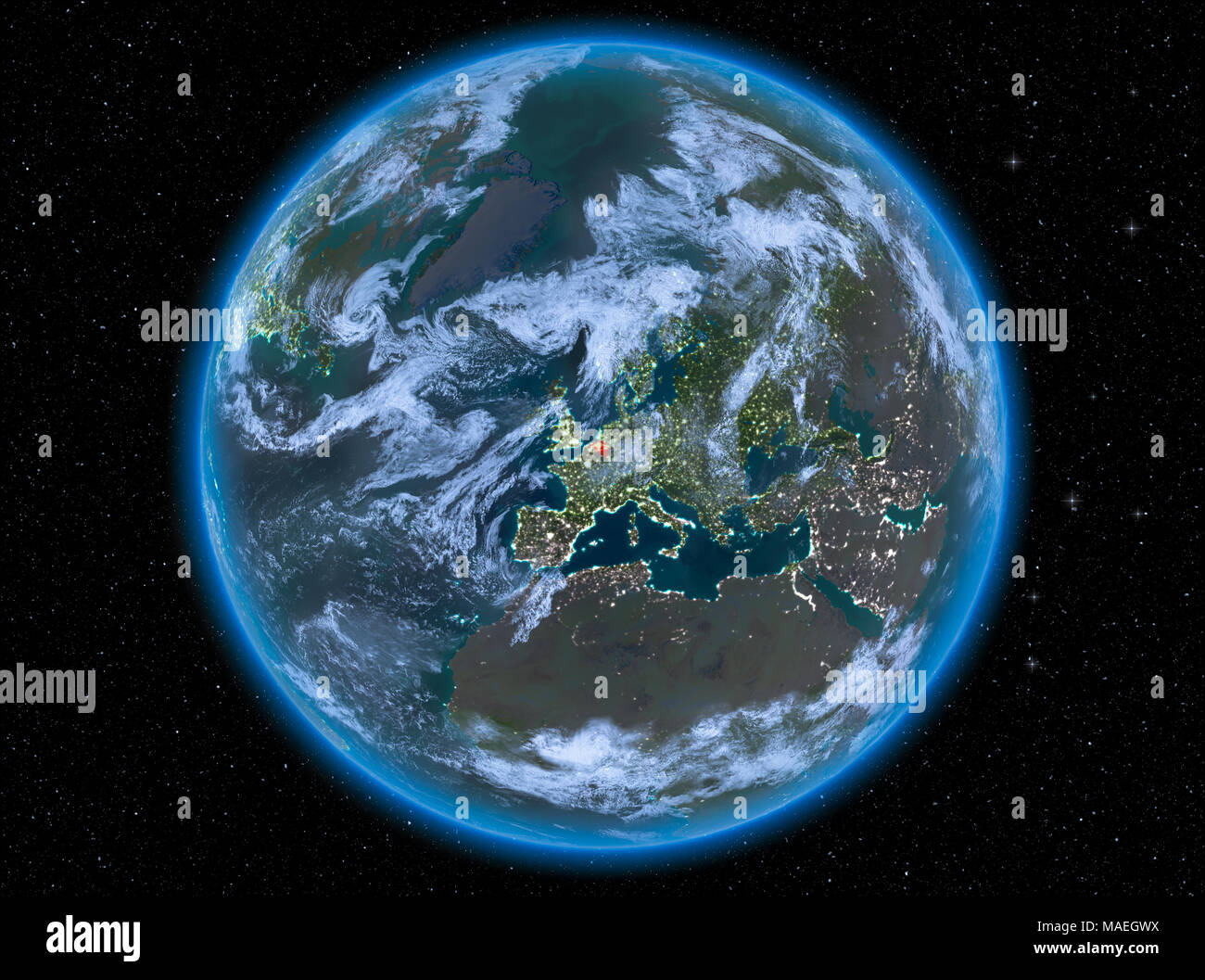 Night view of Belgium highlighted in red on planet Earth with atmosphere and clouds. 3D ...