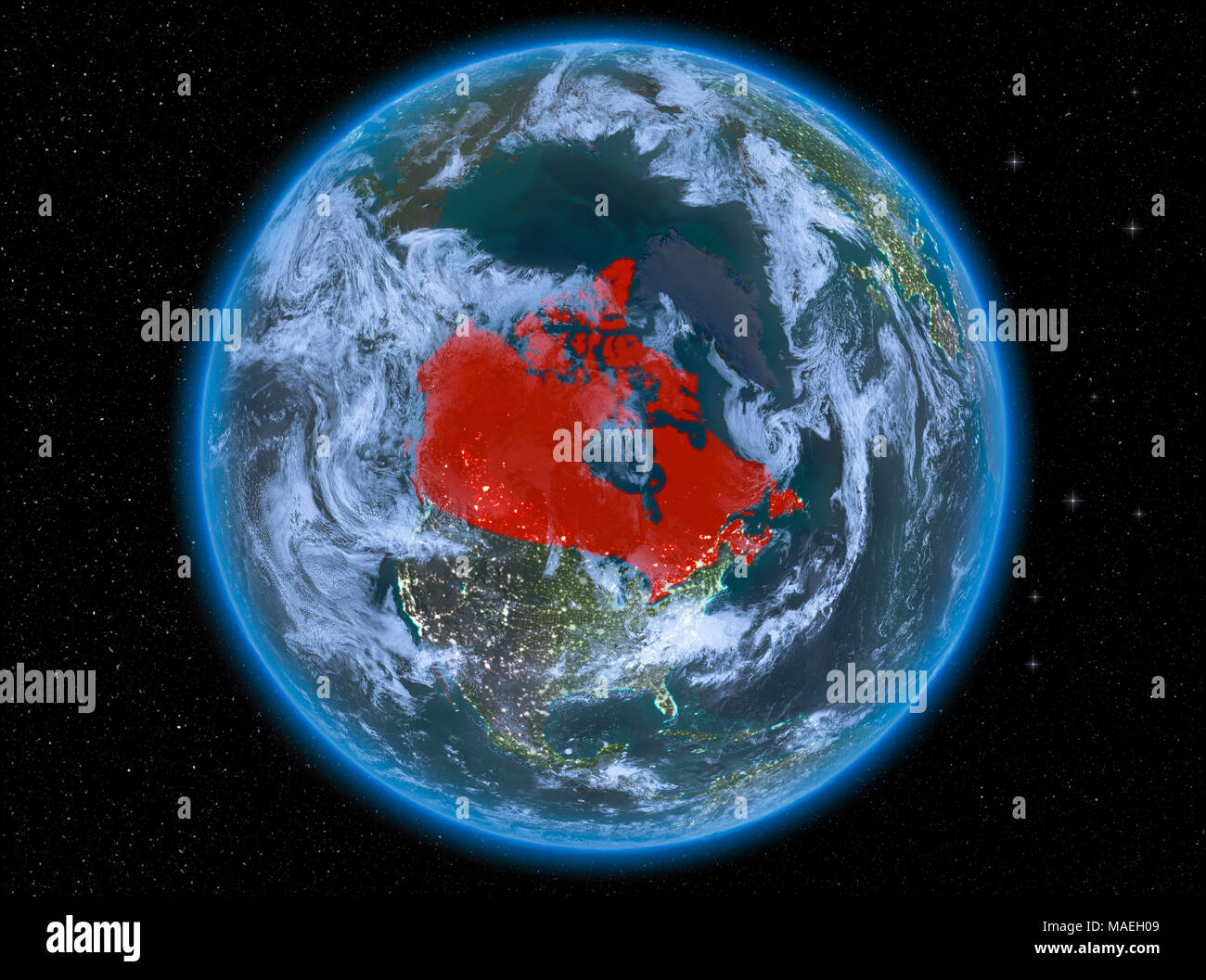 Night view of Canada highlighted in red on planet Earth with atmosphere ...