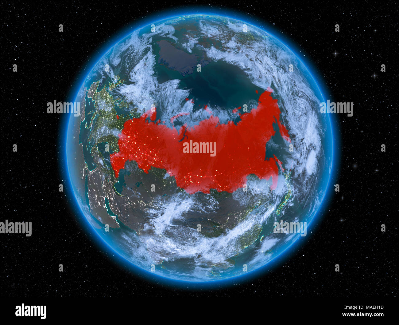 Night view of Russia highlighted in red on planet Earth with atmosphere ...