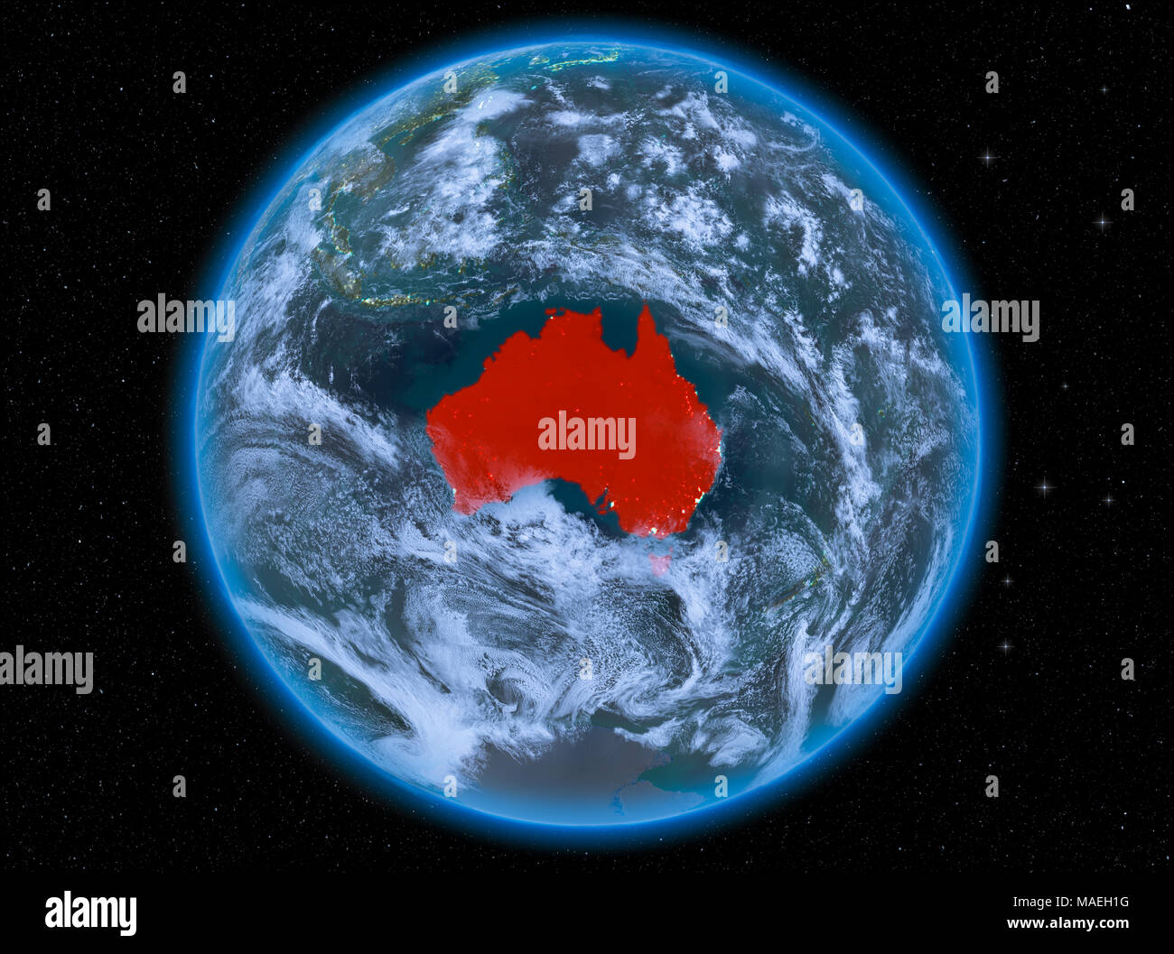 Night view of Australia highlighted in red on planet Earth with ...