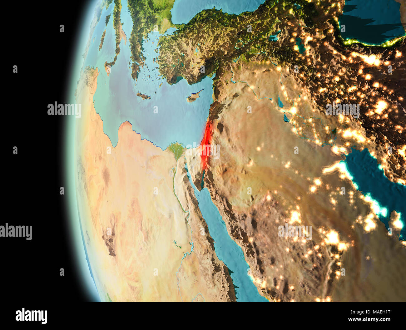 Illustration of Israel as seen from Earth’s orbit in late evening. 3D ...