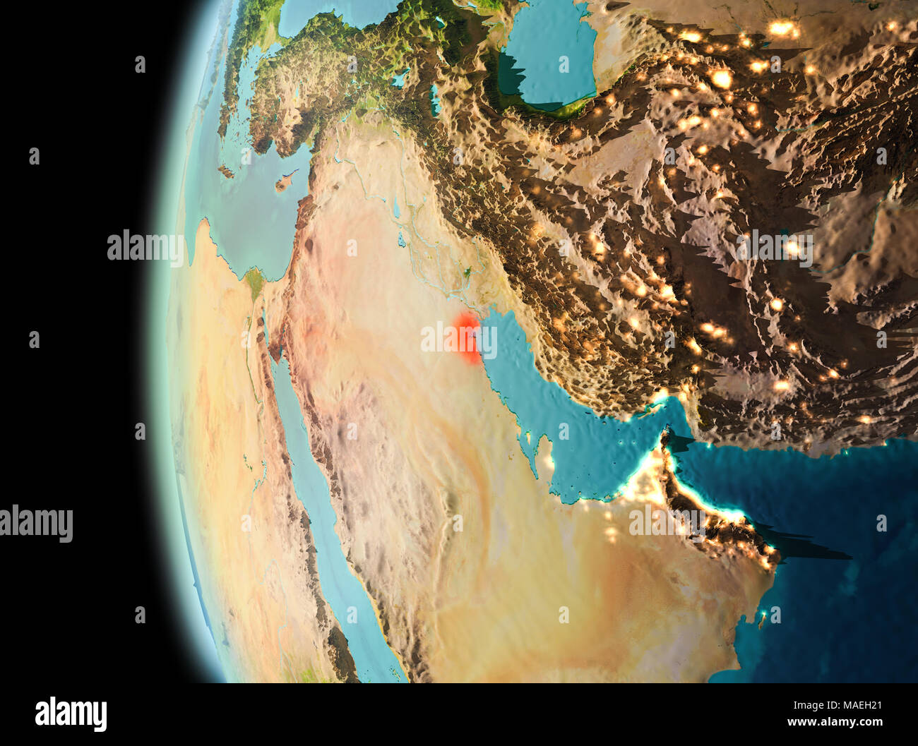 Illustration of Kuwait as seen from Earth’s orbit in late evening. 3D ...