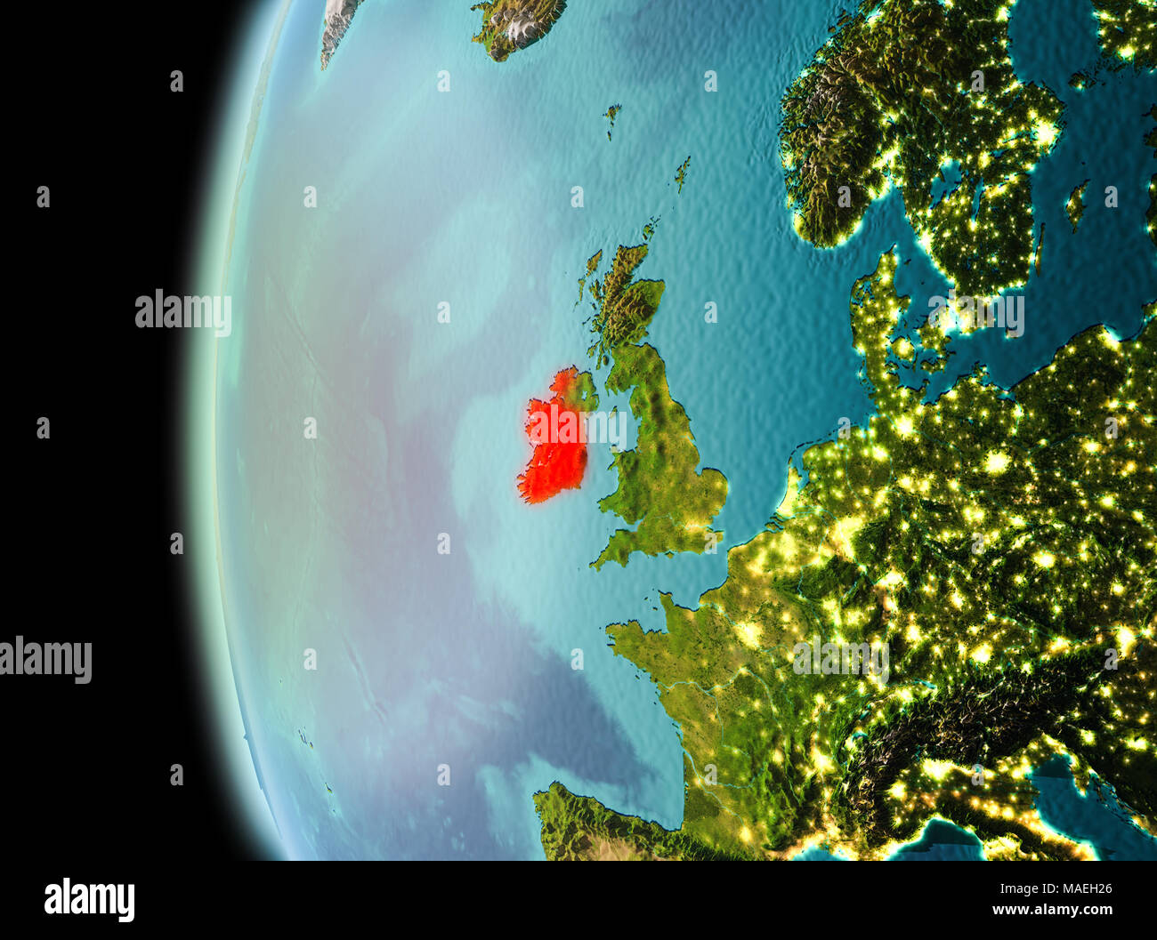 Illustration of Ireland as seen from Earth’s orbit in late evening. 3D ...