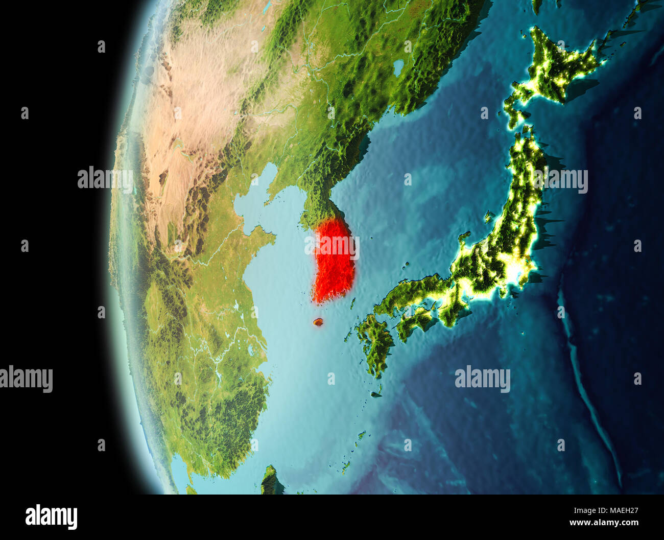 Illustration of South Korea as seen from Earth’s orbit in late evening ...
