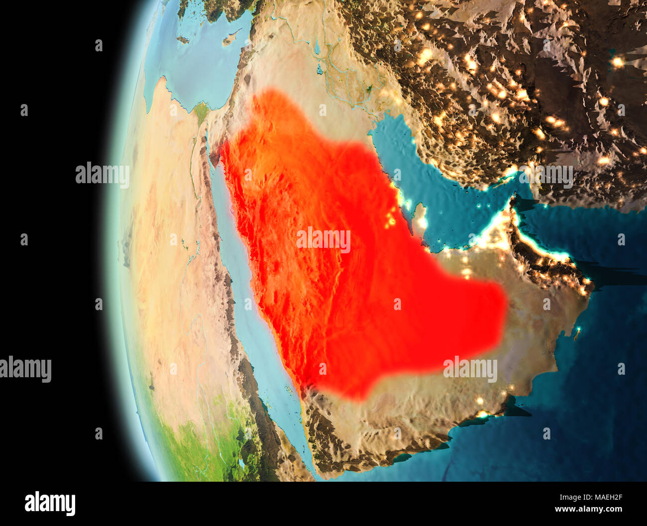 Illustration of Saudi Arabia as seen from Earth’s orbit in late evening ...