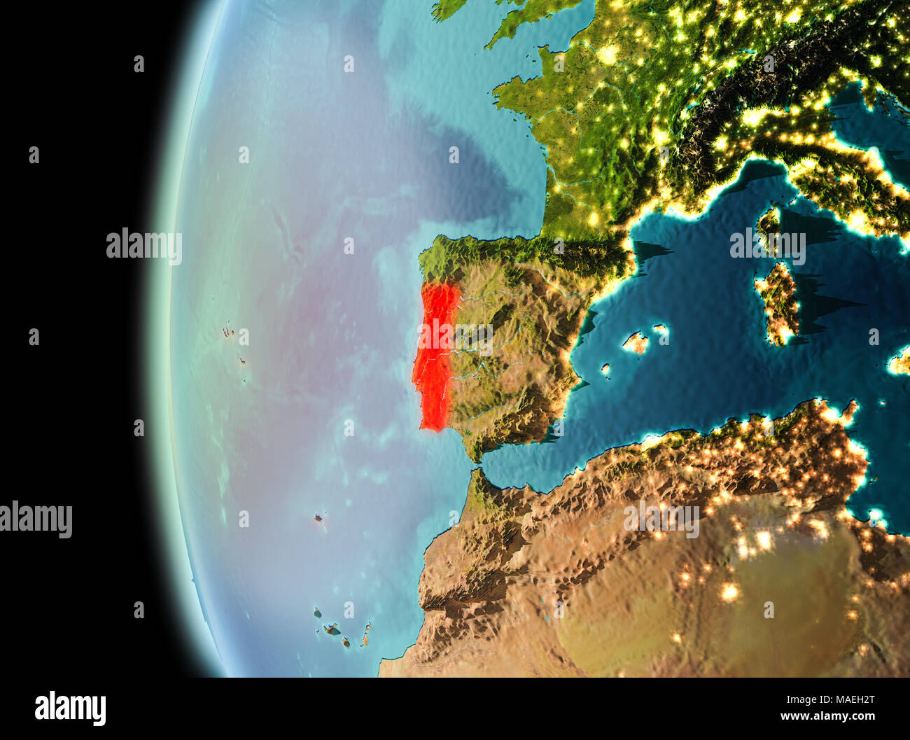 Illustration of Portugal as seen from Earth’s orbit in late evening. 3D ...