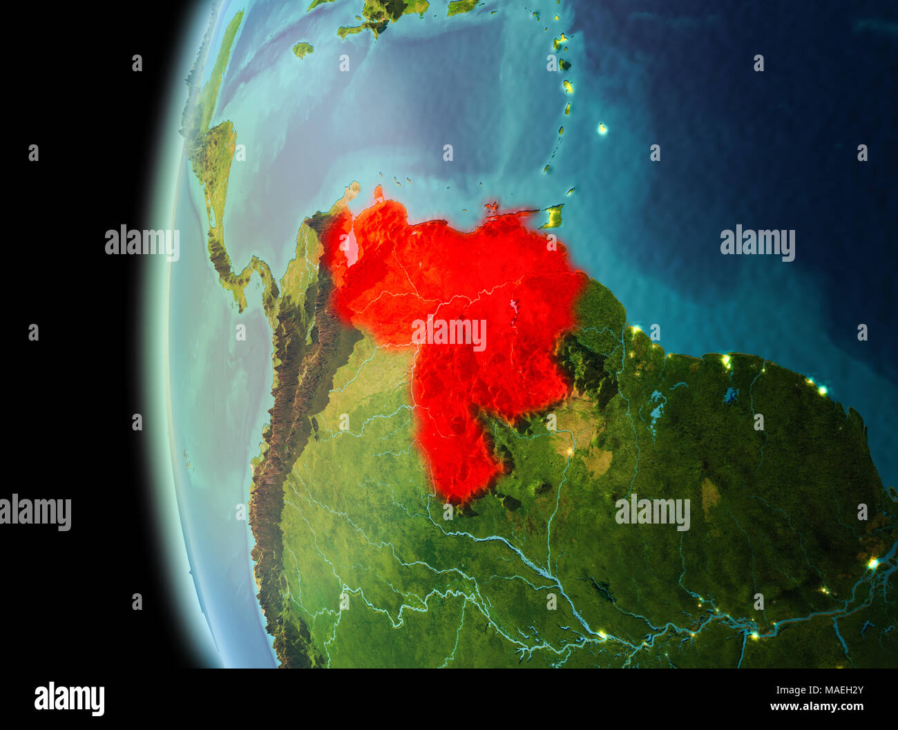 Illustration of Venezuela as seen from Earth’s orbit in late evening ...