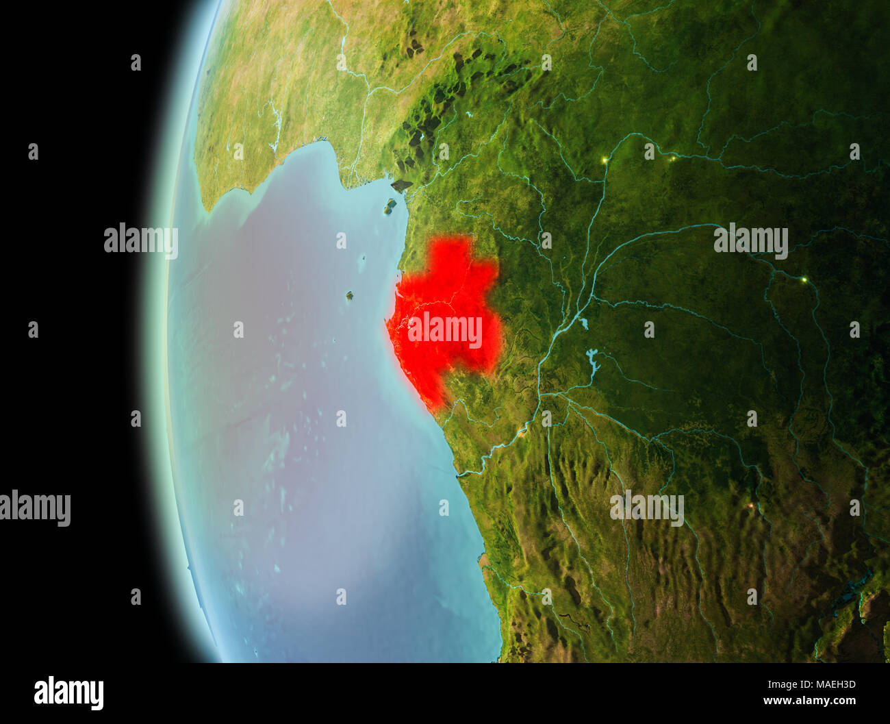 Illustration of Gabon as seen from Earth’s orbit in late evening. 3D ...