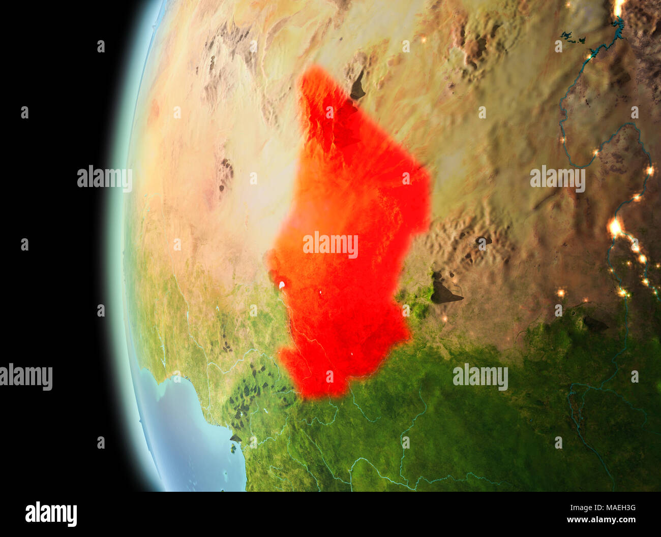 Illustration of Chad as seen from Earth’s orbit in late evening. 3D ...