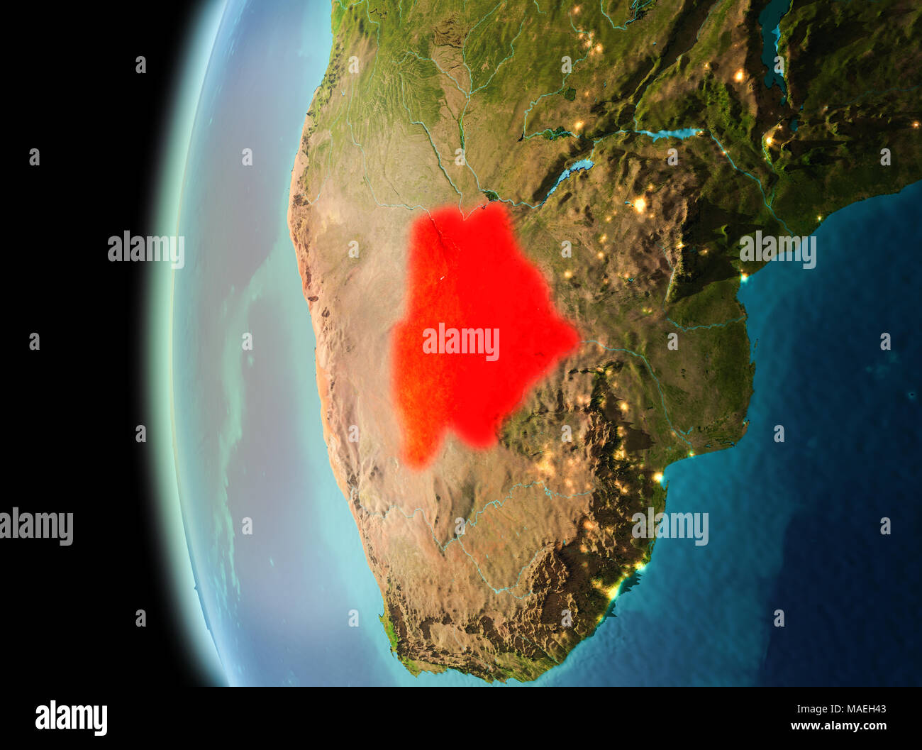 Illustration of Botswana as seen from Earth’s orbit in late evening. 3D ...