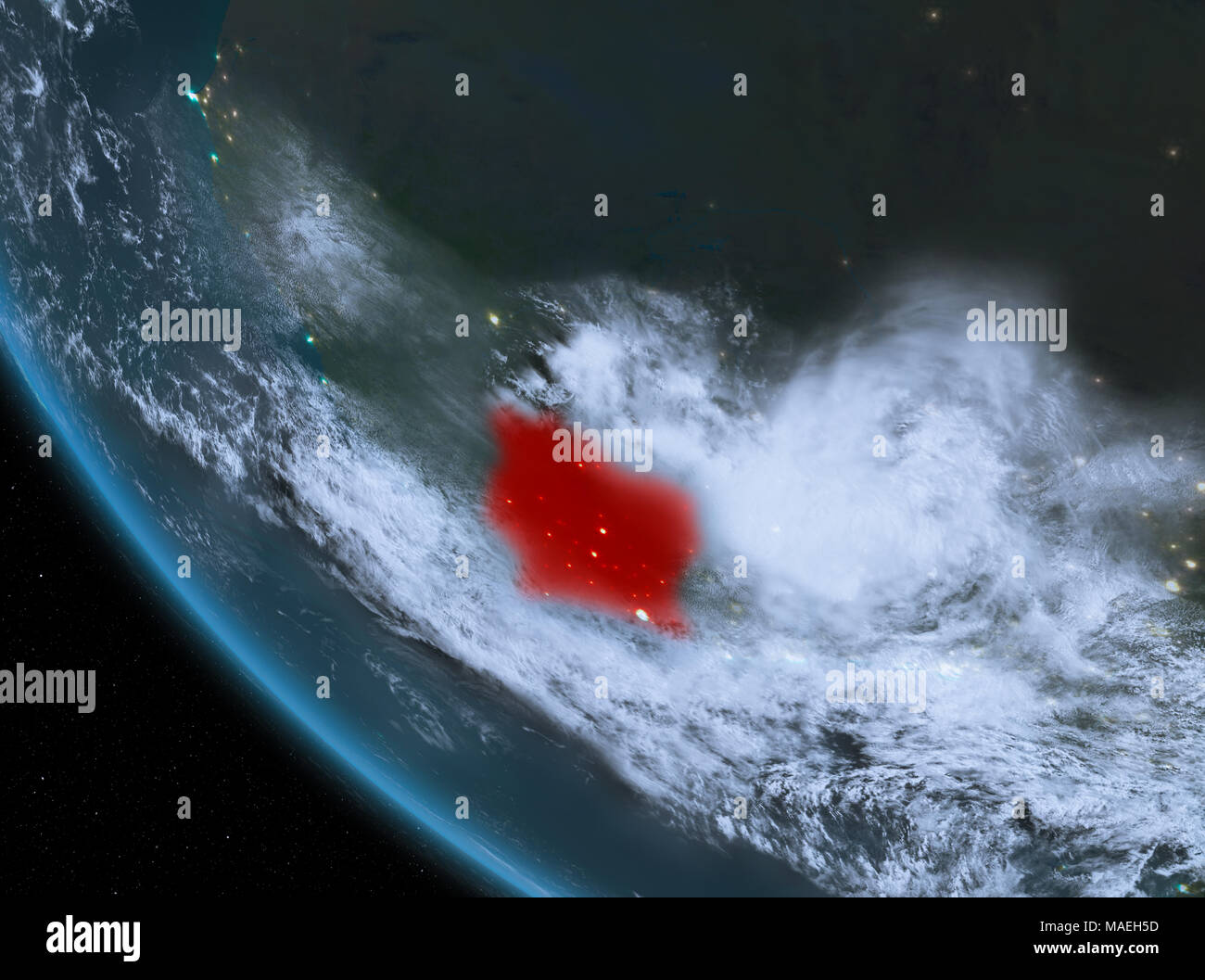 Ivory Coast at night highlighted in red on planet Earth with clouds. 3D ...