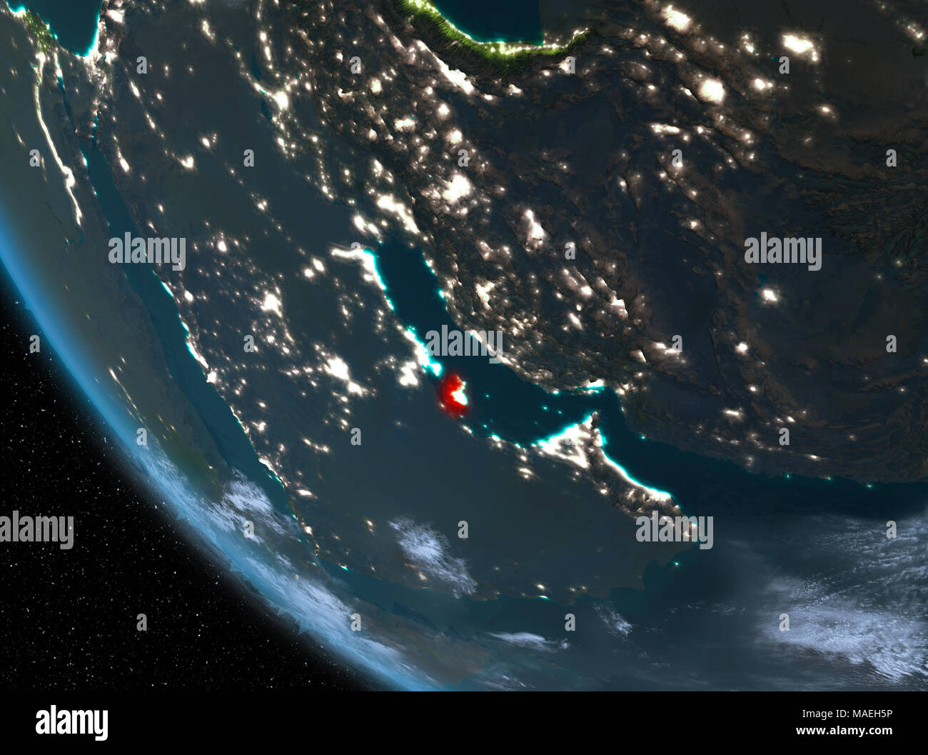 Qatar at night highlighted in red on planet Earth with clouds. 3D ...