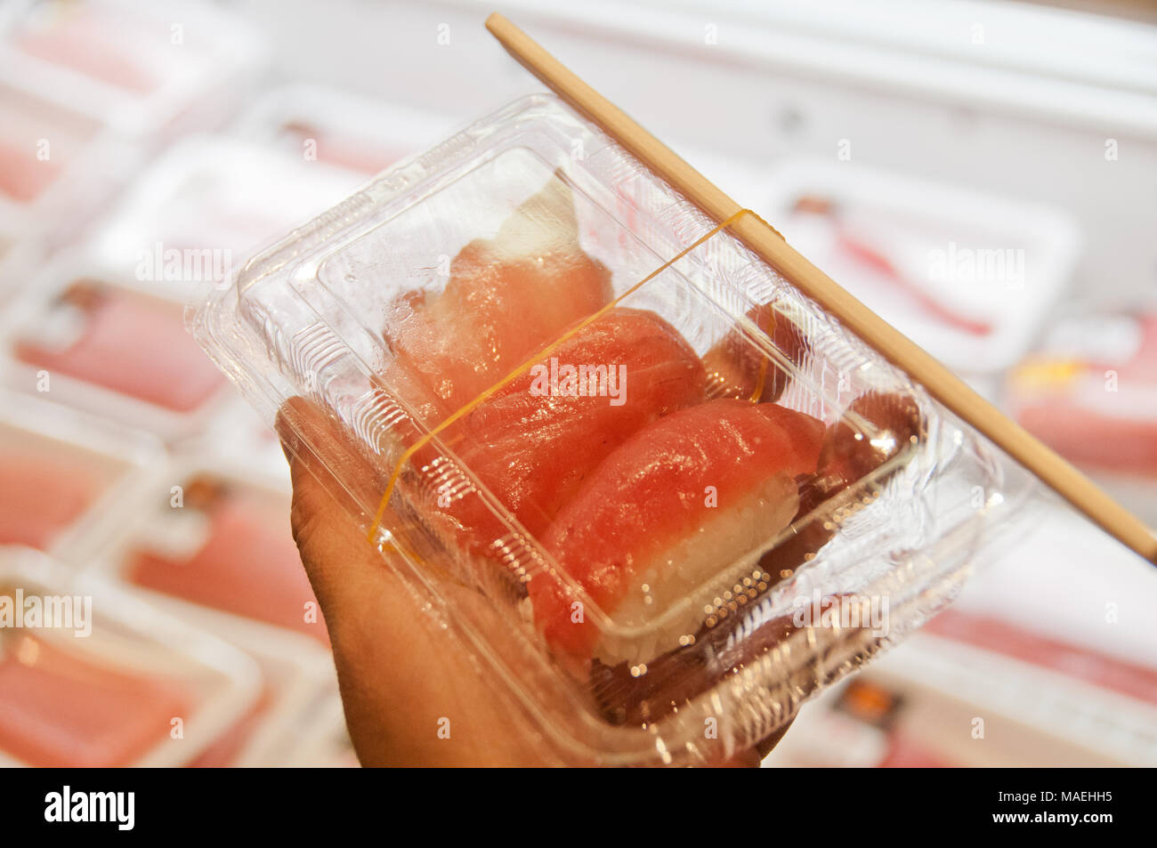 Famous fresh raw Japanese tuna in a box. There are the red meat, medium ...